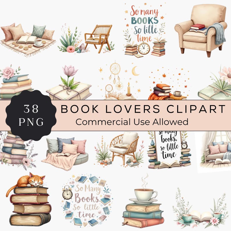 Book Lovers Clipart Bundle, 38 PNG Watercolor Bookish Illustrations ...