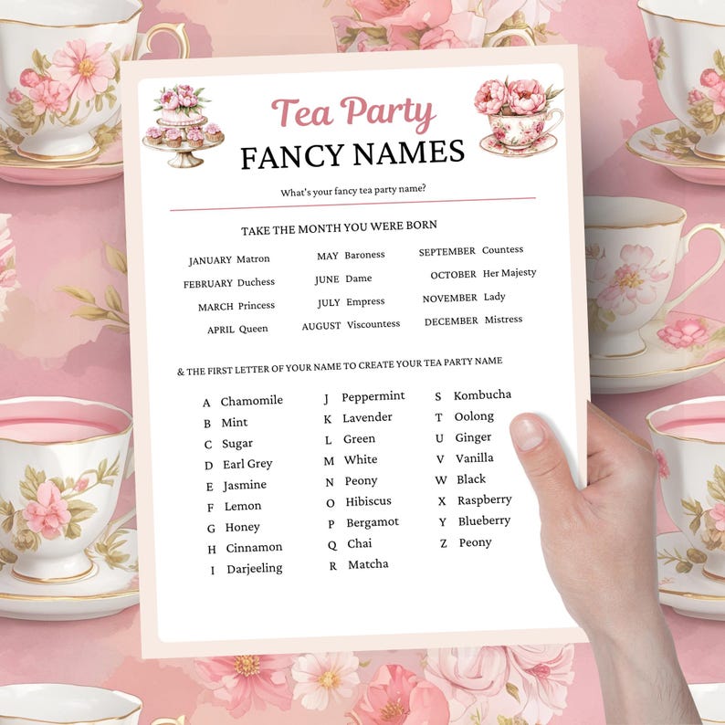 Tea Party Fancy Names Game, Printable Activity, Bridal Shower Tea Party ...
