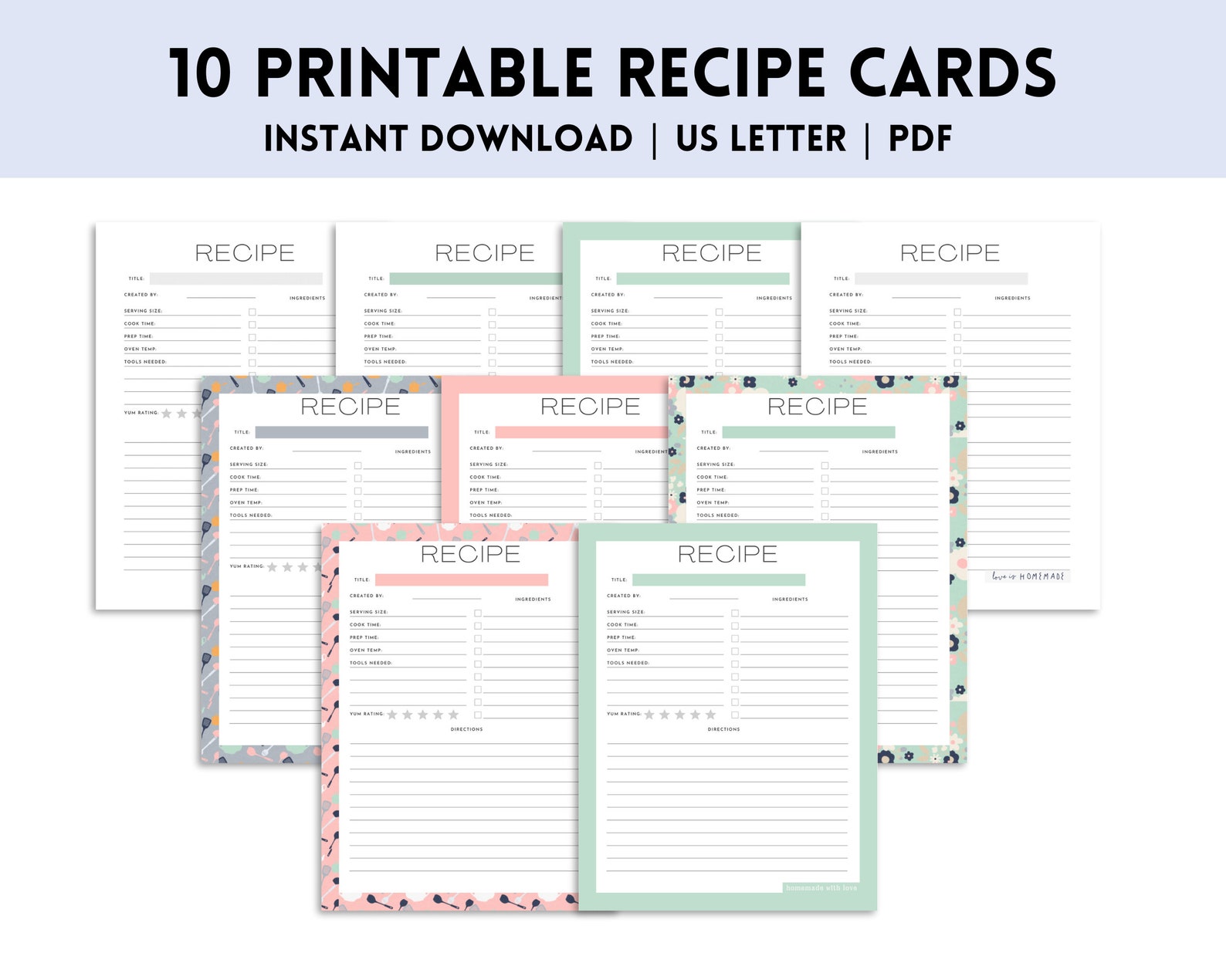 10 Printable Recipe Cards | Sheets | Page | PDF | Template - Etsy