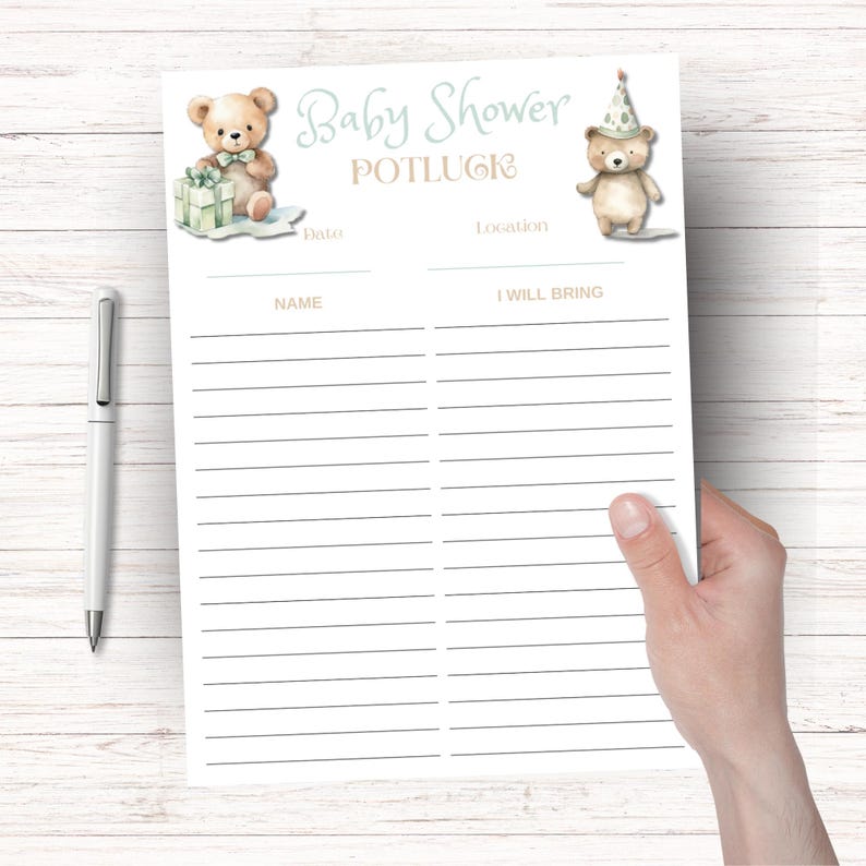 Baby Shower Potluck Sign up Sheet - Fillable PDF, Printable Potluck ...