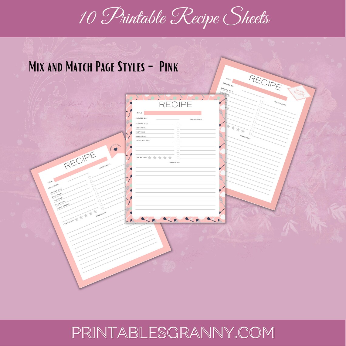 10 Printable Recipe Cards Sheets Page PDF Template | Etsy