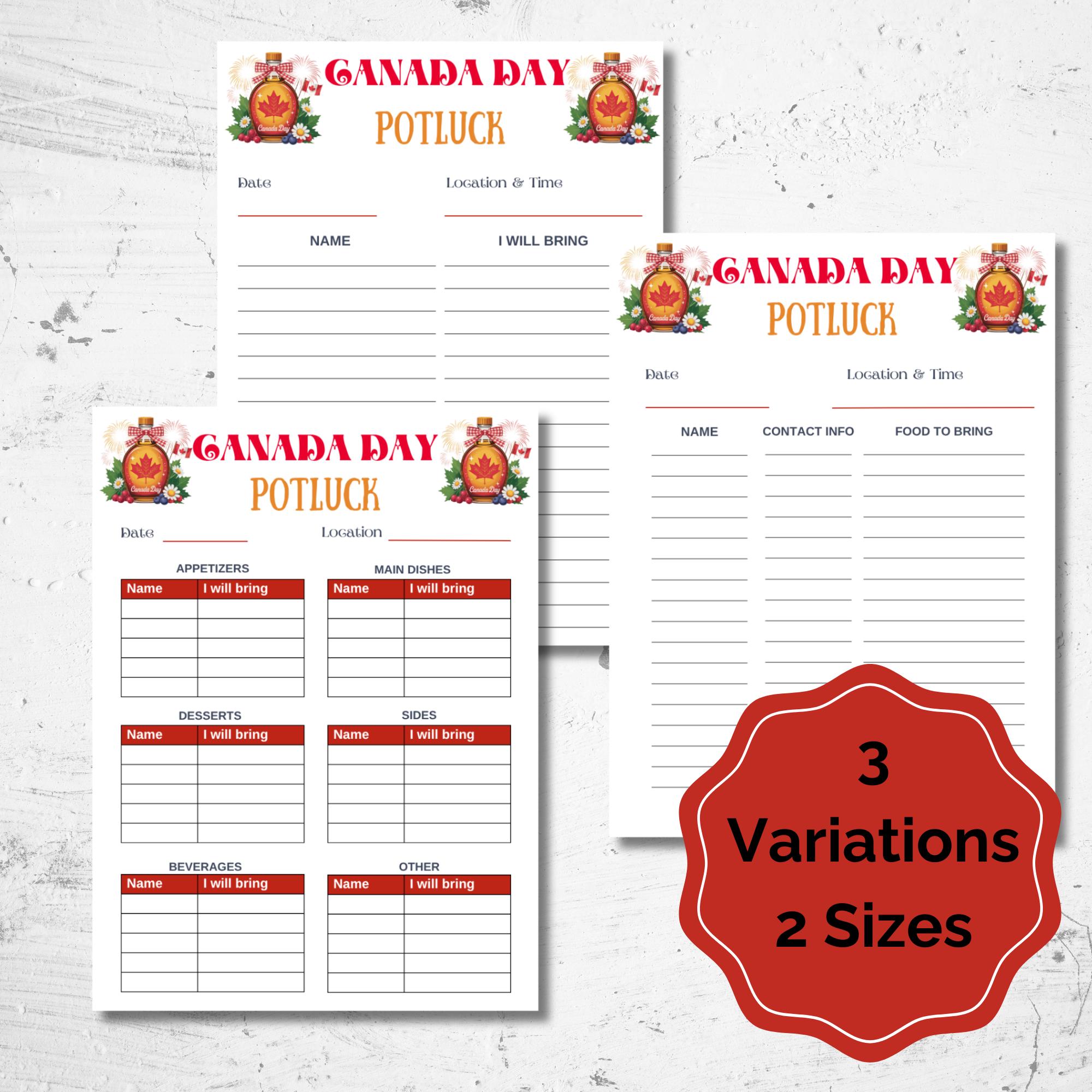 Canada Day Potluck Sign up Sheet, Printable Summer Potluck Form, Canada ...