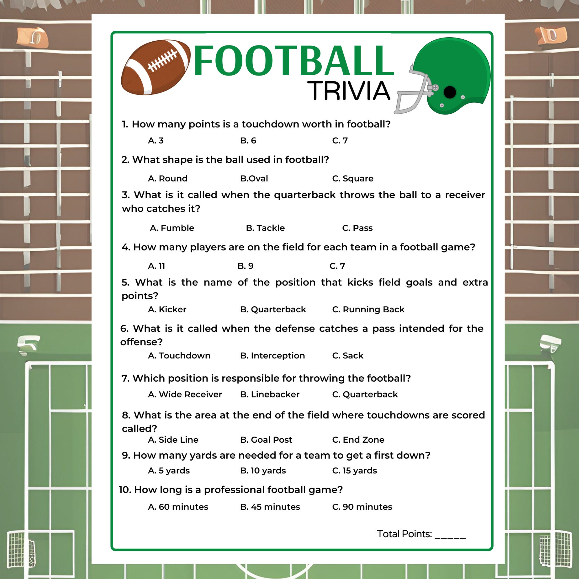 Football Trivia Game, Football Printable Game, Sports Trivia, Pub ...