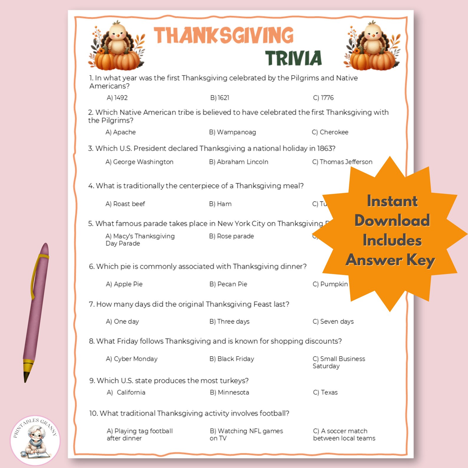Thanksgiving Trivia Game, Printable Questions, Fall Autumn Trivia Game ...