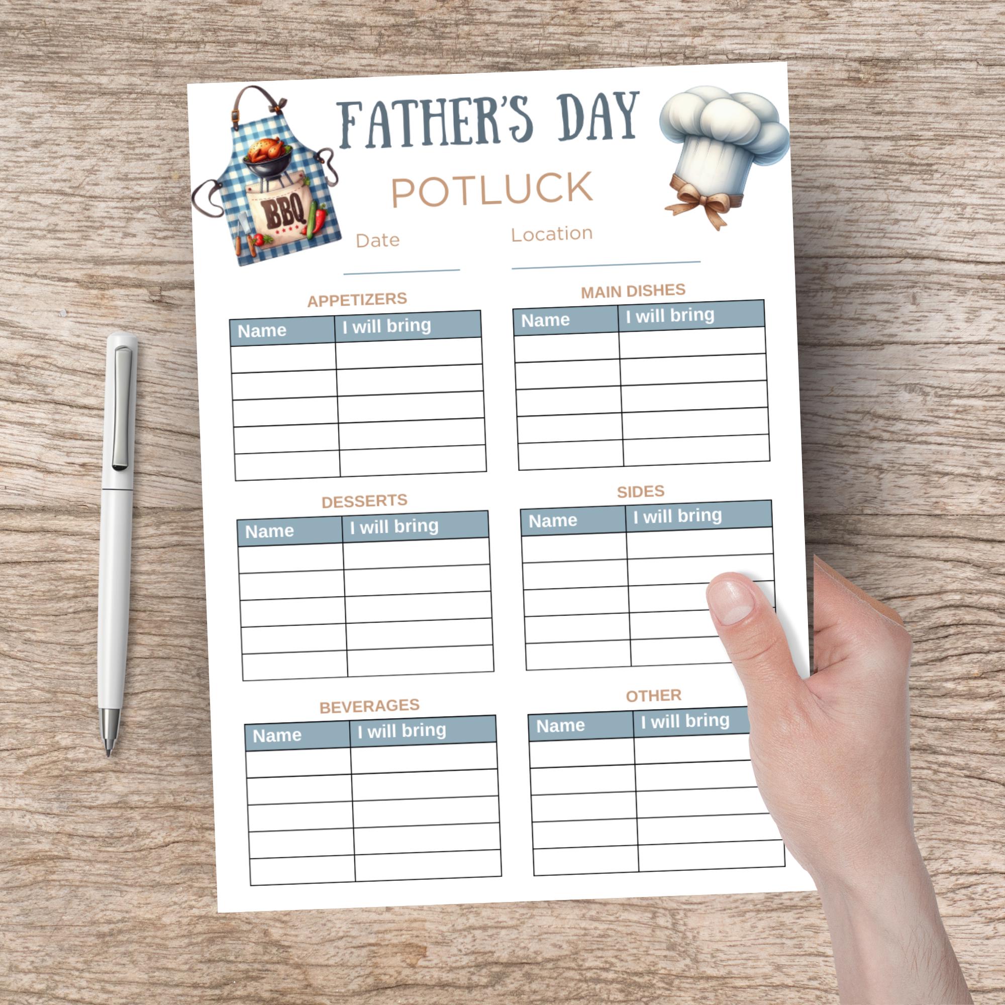 Fathers Day Potluck Sign up Sheet, Printable Potluck Form, Dad BBQ ...