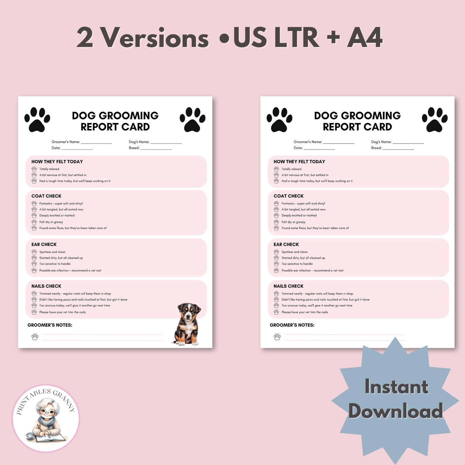 Pet Grooming Report Card - Printable Dog Grooming Forms for Pet Salon ...