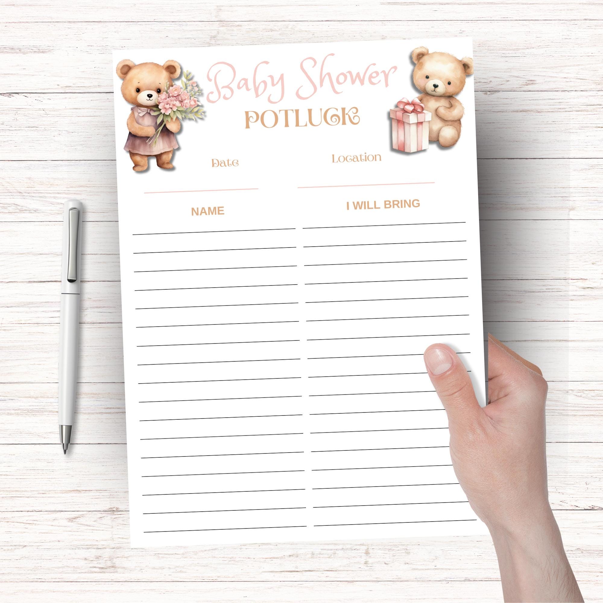 Pink Girl Baby Shower Potluck Sign up Sheet - Fillable PDF, Printable ...