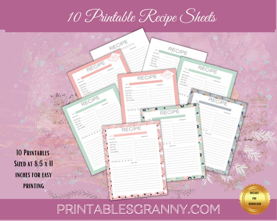 10 Printable Recipe Cards Sheets Page PDF Template | Etsy