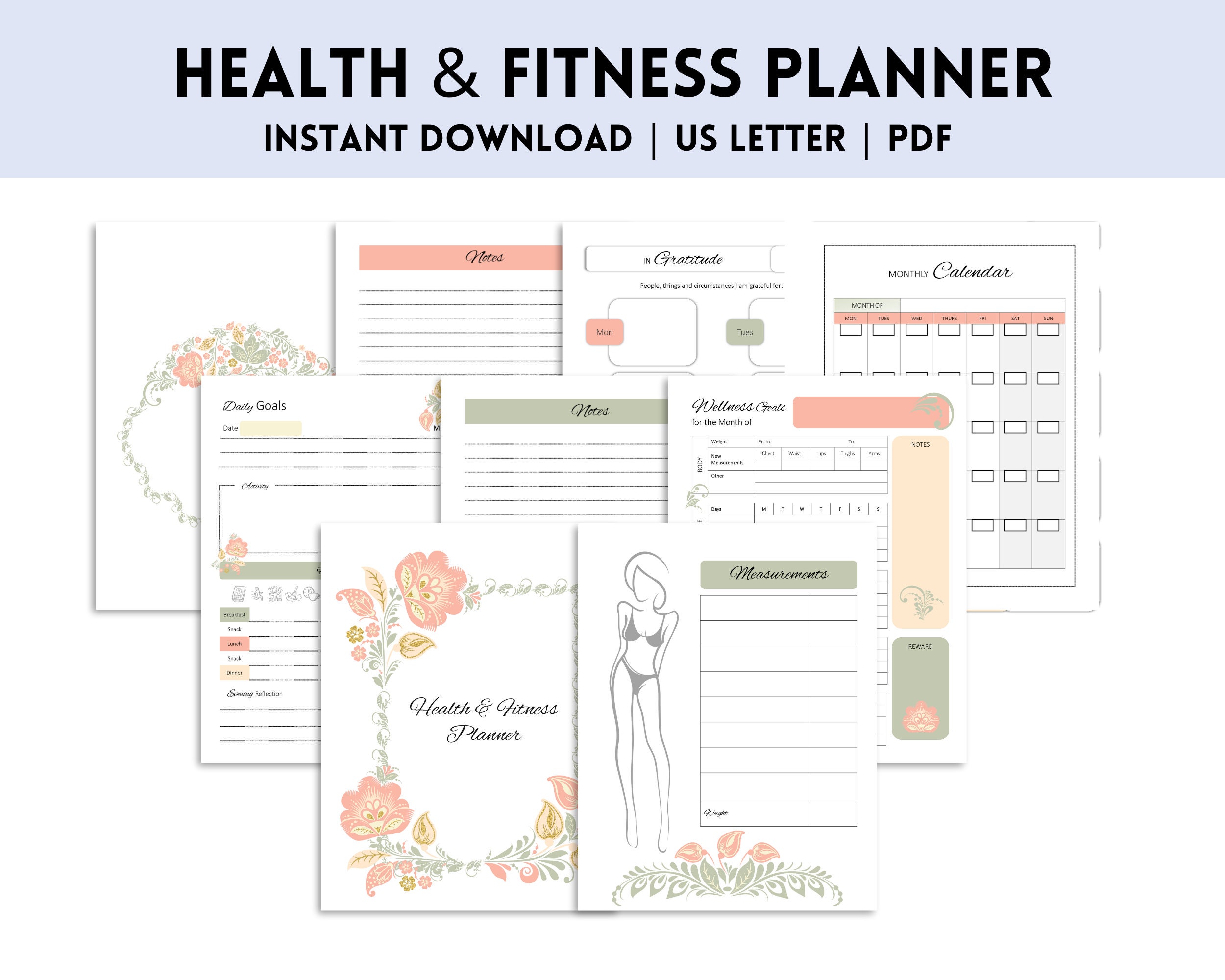 Health and Fitness Planner Printable PDF Trackers for - Etsy