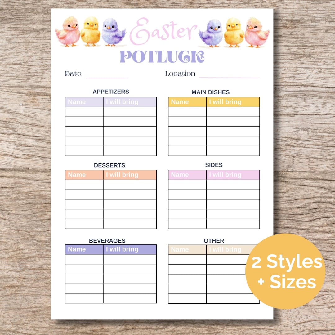 Easter Potluck Sign up Sheet, Printable Easter Potluck Form, Perfect ...