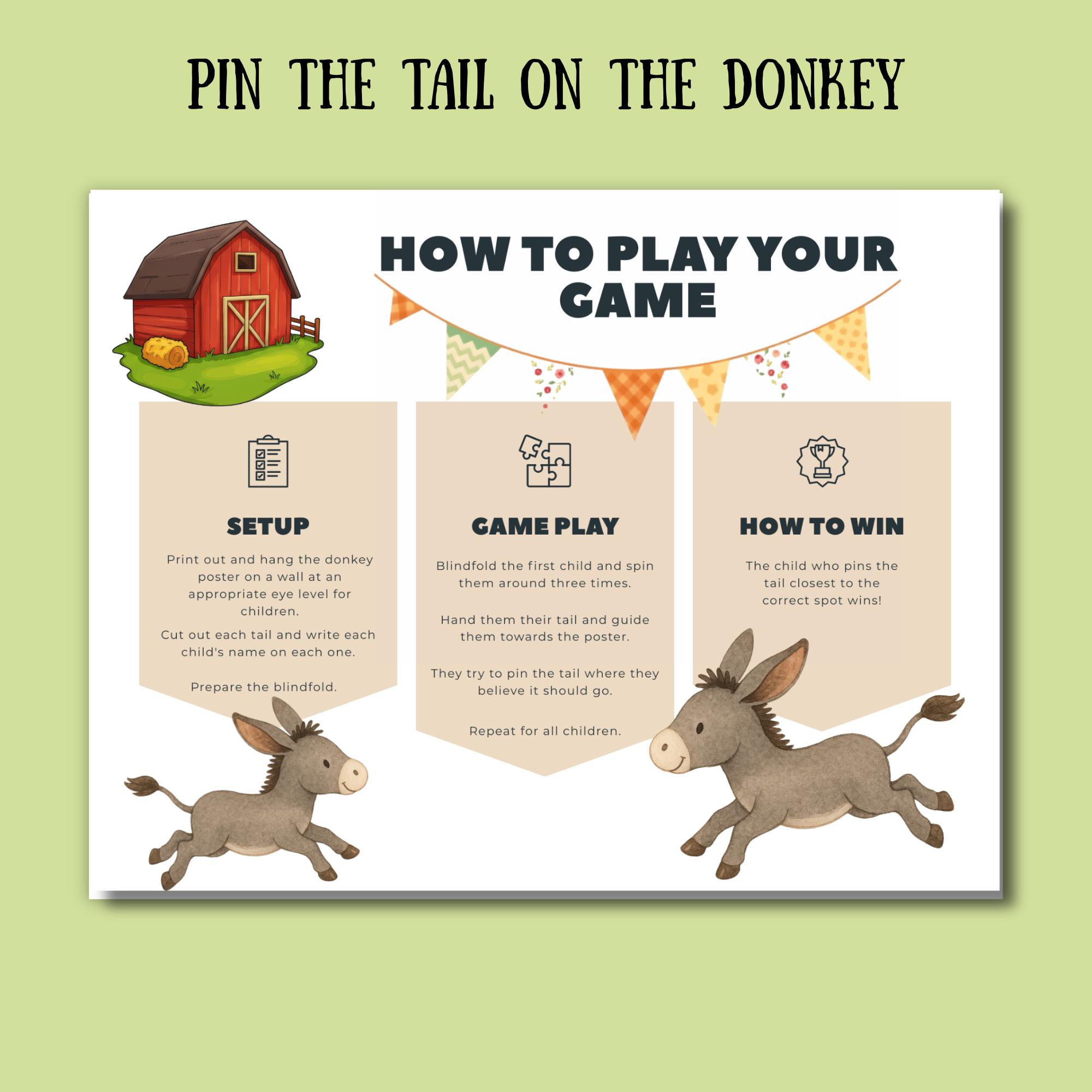 Pin the Tail on the Donkey Printable, Easy Kids Party Game, Birthday ...