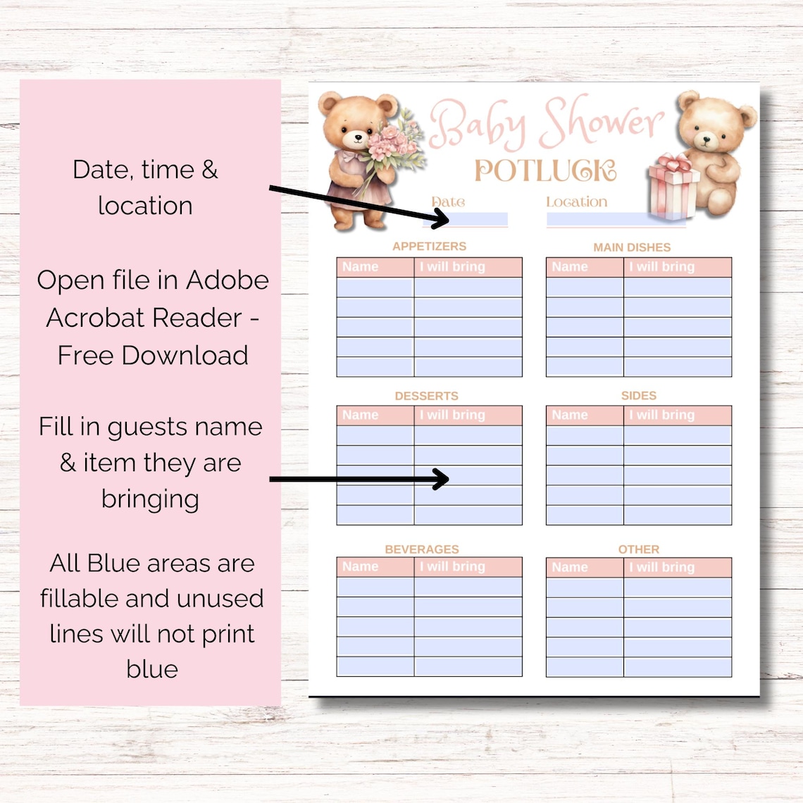 Pink Girl Baby Shower Potluck Sign up Sheet - Fillable PDF, Printable ...