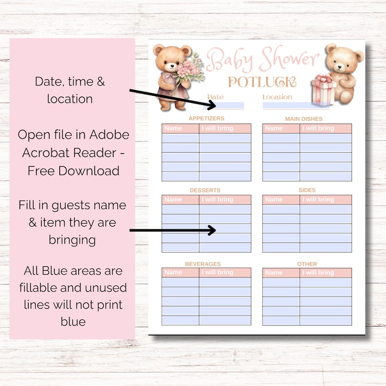 Pink Girl Baby Shower Potluck Sign up Sheet - Fillable PDF, Printable ...