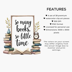 Book Lovers Clipart Bundle, 38 PNG Watercolor Bookish Illustrations ...