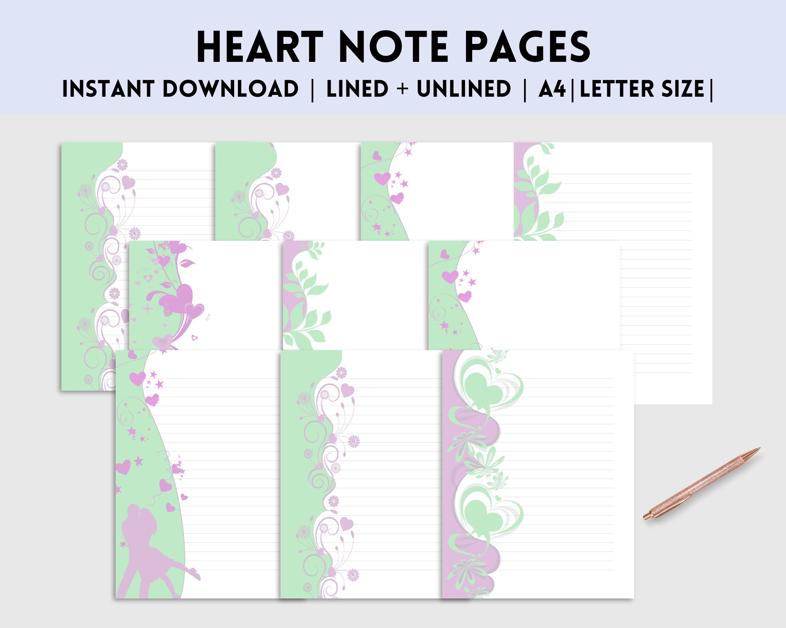 Heart Note Paper, Valentines Printable, Weddings, Couples, Mother's Day ...