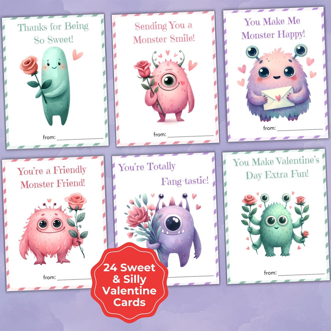 Monster Valentine Cards for Kids, Printable Valentine Cards, Sweet ...