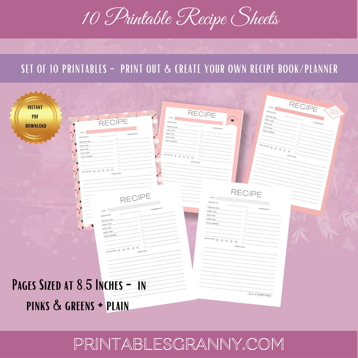 10 Printable Recipe Cards Sheets Page PDF Template | Etsy