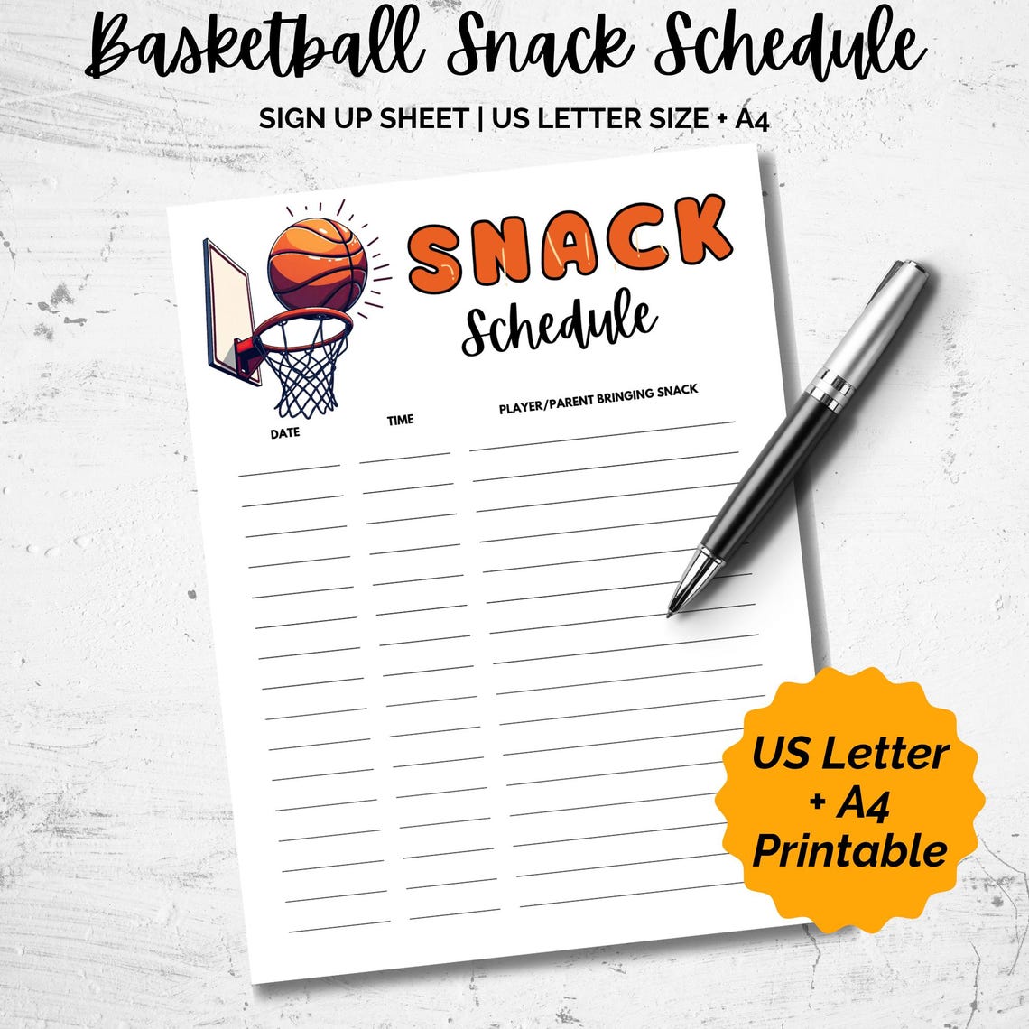 Basketball Snack Schedule - Printable Template - Team Sign up Sheet ...