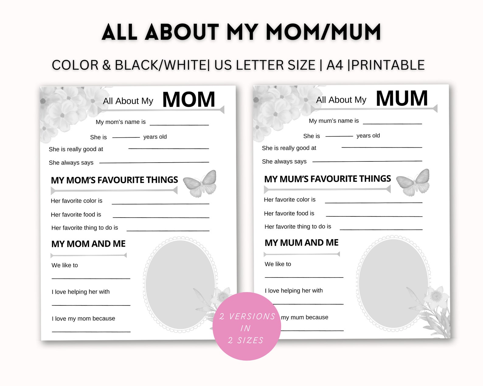 All About Mom Printable, Unique Mother's Day Gift for Kids , Fun Craft ...