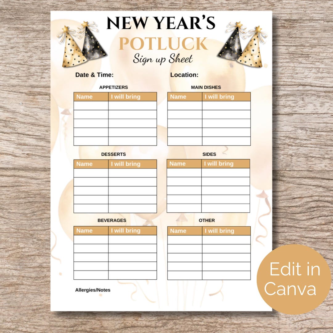 New Years Day Potluck Sign up Sheet - Holiday Potluck Party Invite ...