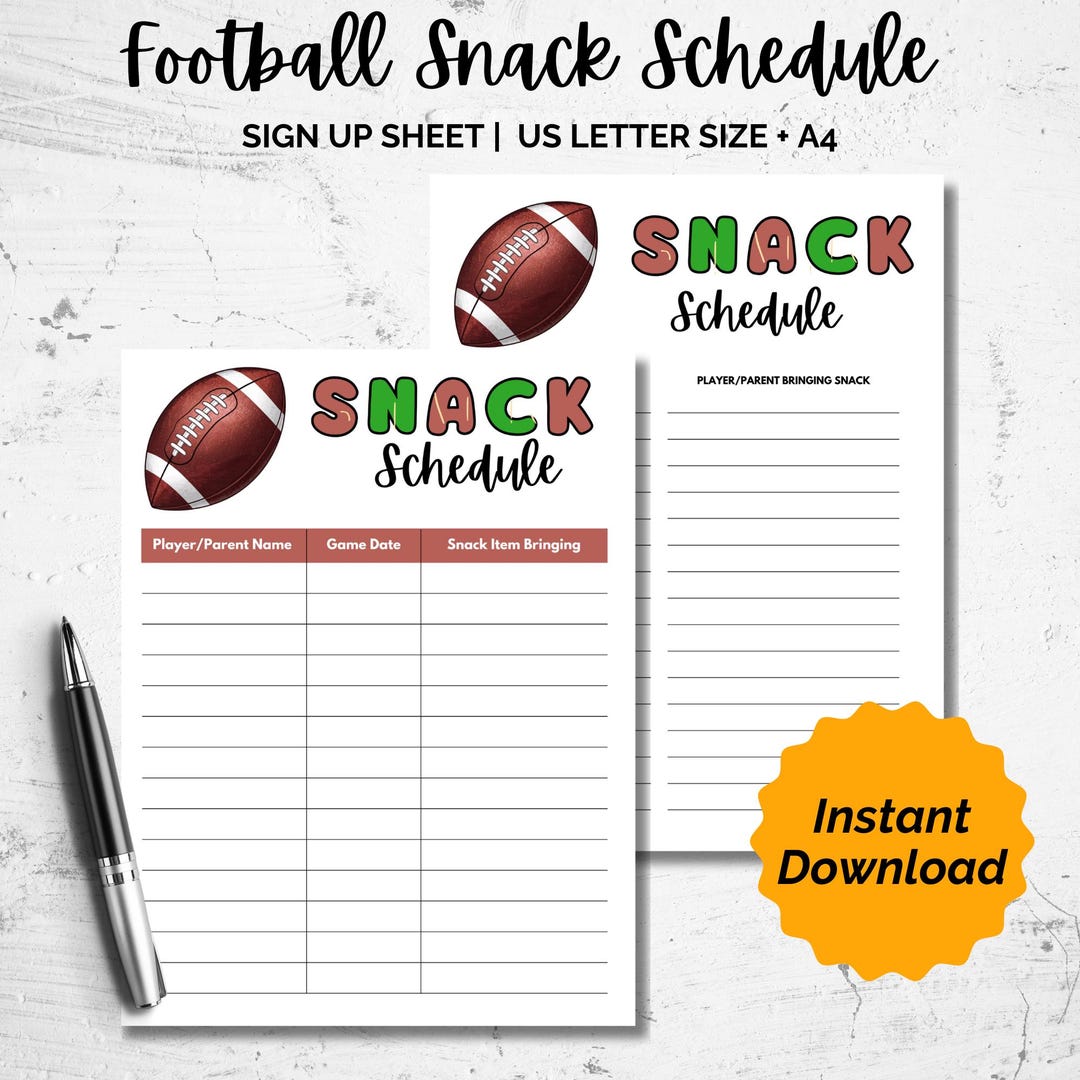 Football Snack Schedule - Printable Template - Team Sign up Sheet ...