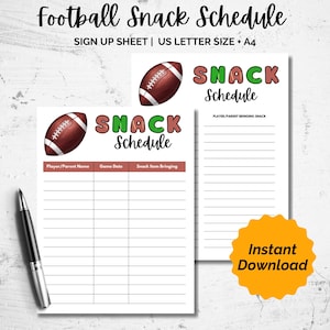 Football Snack Schedule - Printable Template - Team Sign up Sheet ...