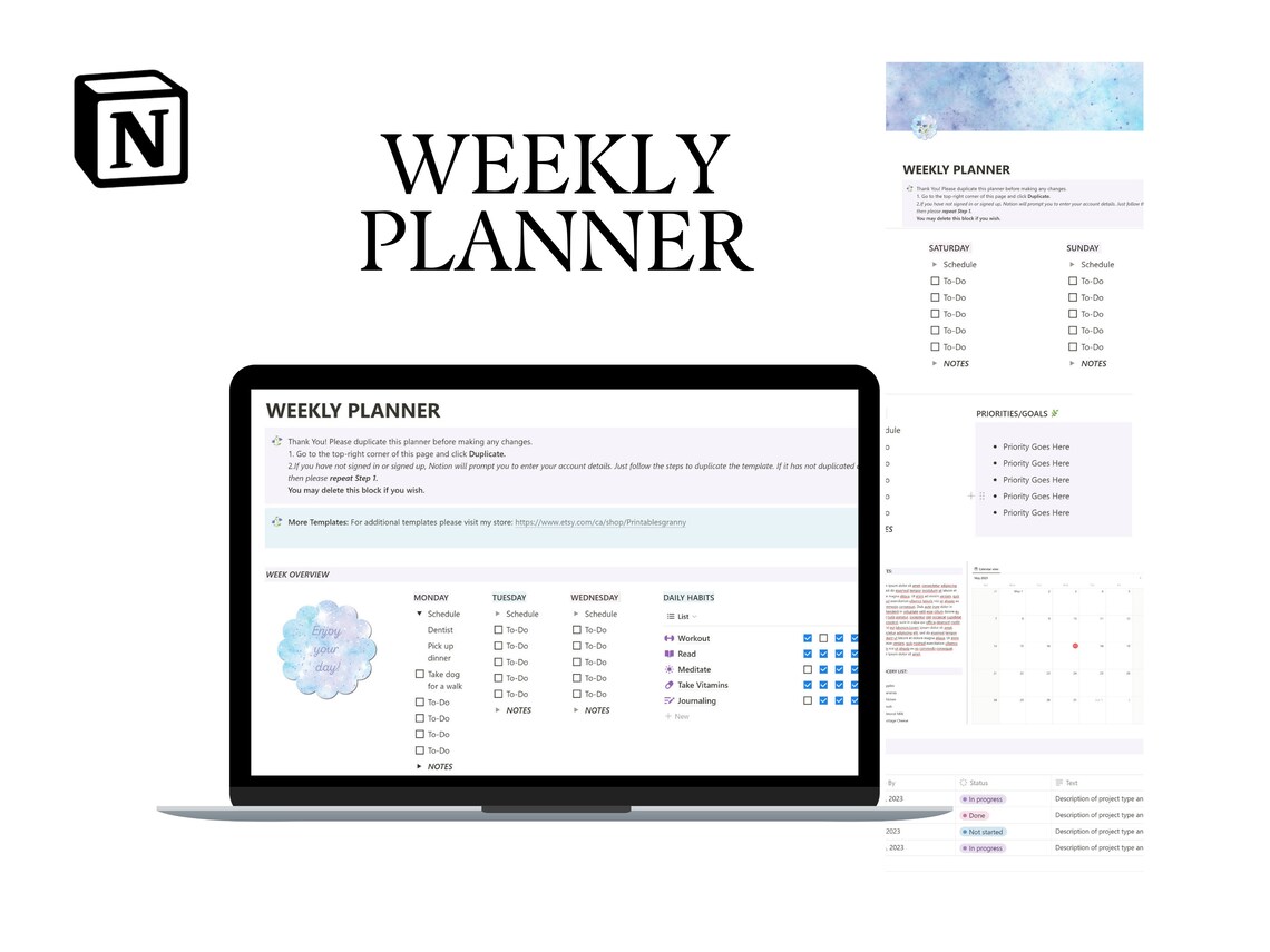 Notion Template, Weekly Planner Dashboard, Business or Personal Use ...