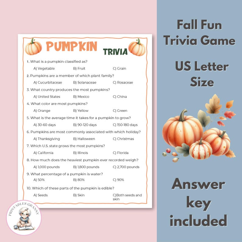Fun Pumpkin Trivia Questions,fall Autumn Trivia Game, Family Friendly ...