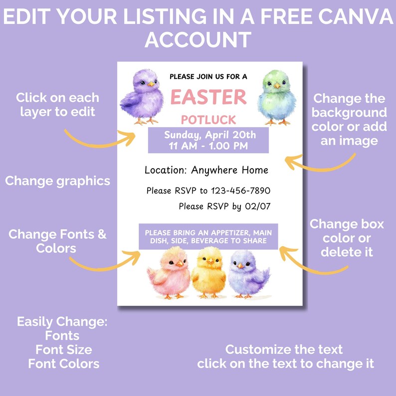 Easter Potluck Invitation - Editable Canva Template, Digital and ...