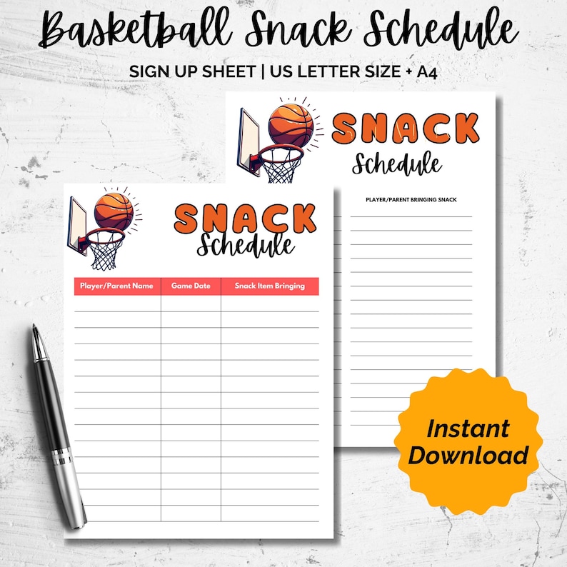 Basketball Snack Schedule - Printable Template - Team Sign up Sheet ...