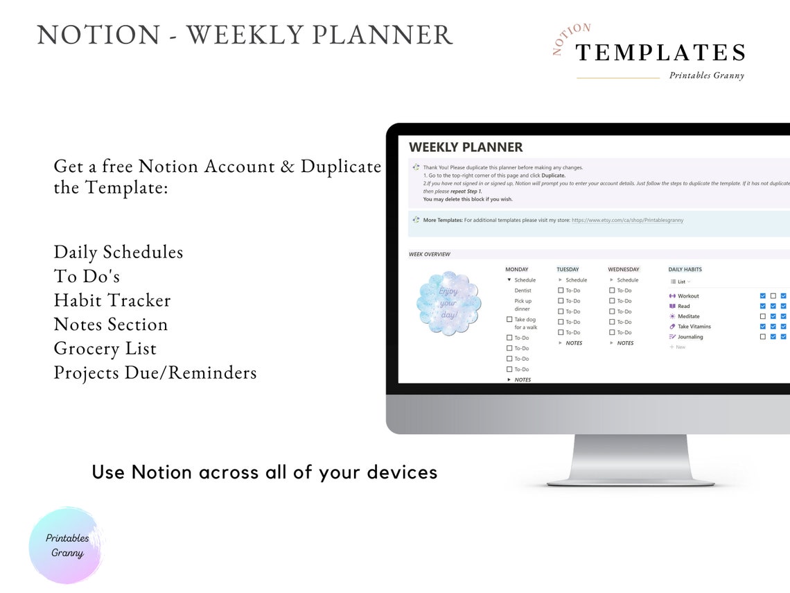 Notion Template, Weekly Planner Dashboard, Business or Personal Use ...