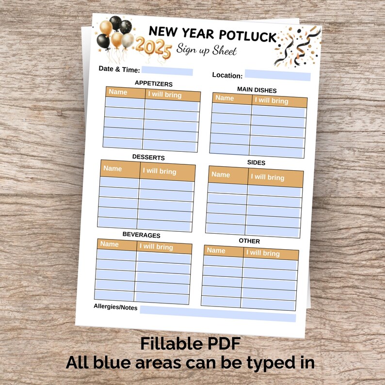 New Year Potluck Sign up Sheet - Fillable PDF, Editable Canva Template ...