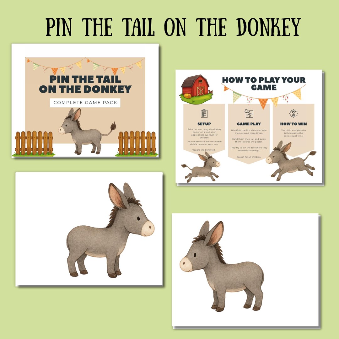 Pin the Tail on the Donkey Printable, Easy Kids Party Game, Birthday ...
