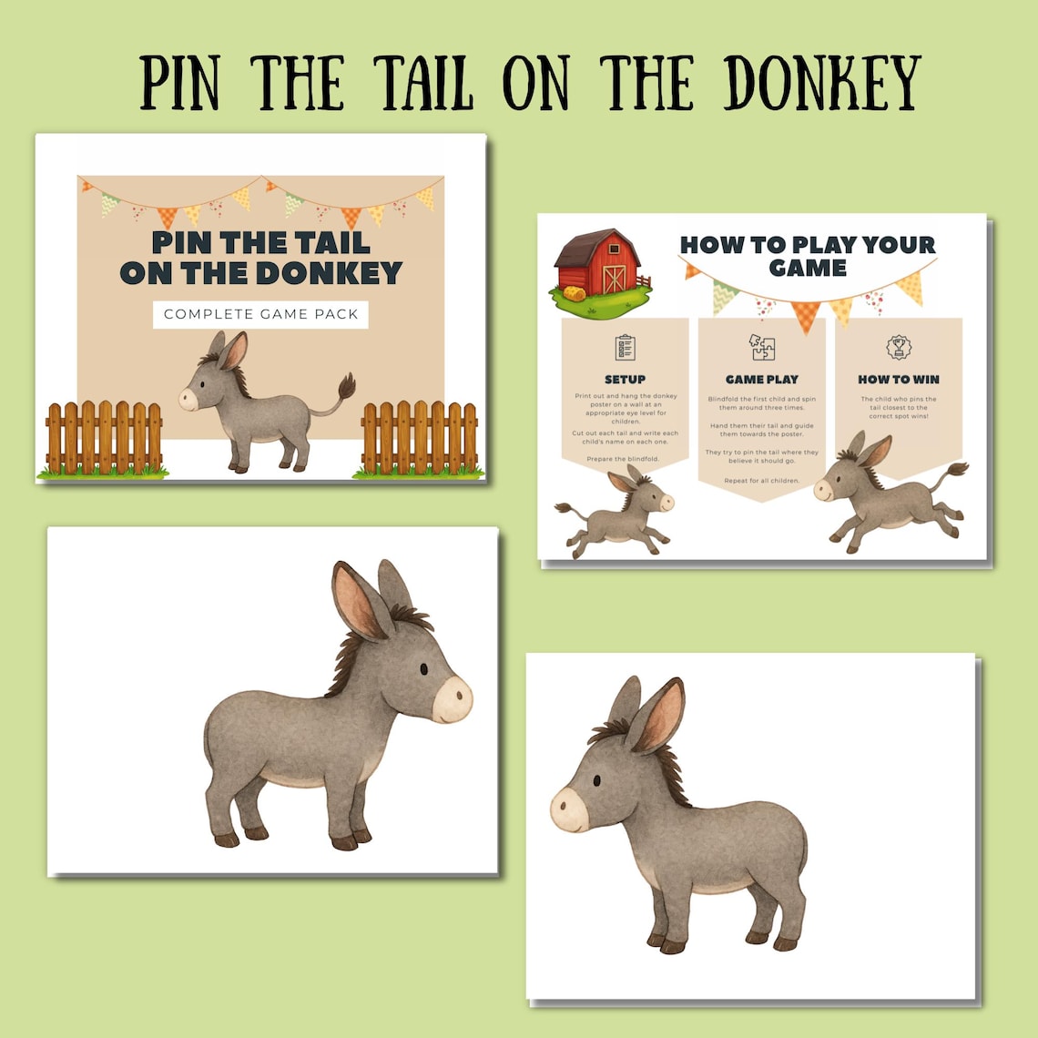Pin the Tail on the Donkey Printable, Easy Kids Party Game, Birthday ...