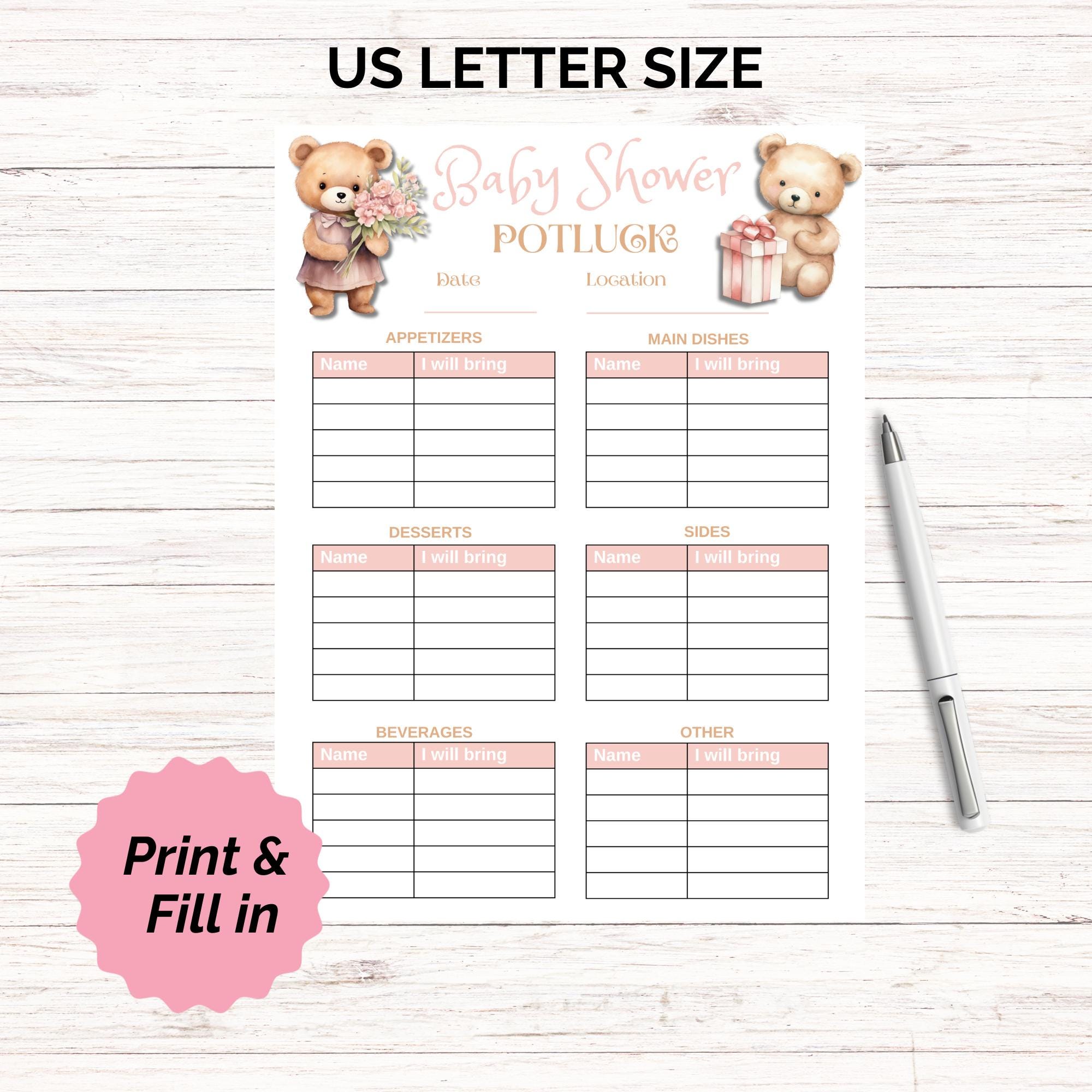 Pink Girl Baby Shower Potluck Sign up Sheet - Fillable PDF, Printable ...