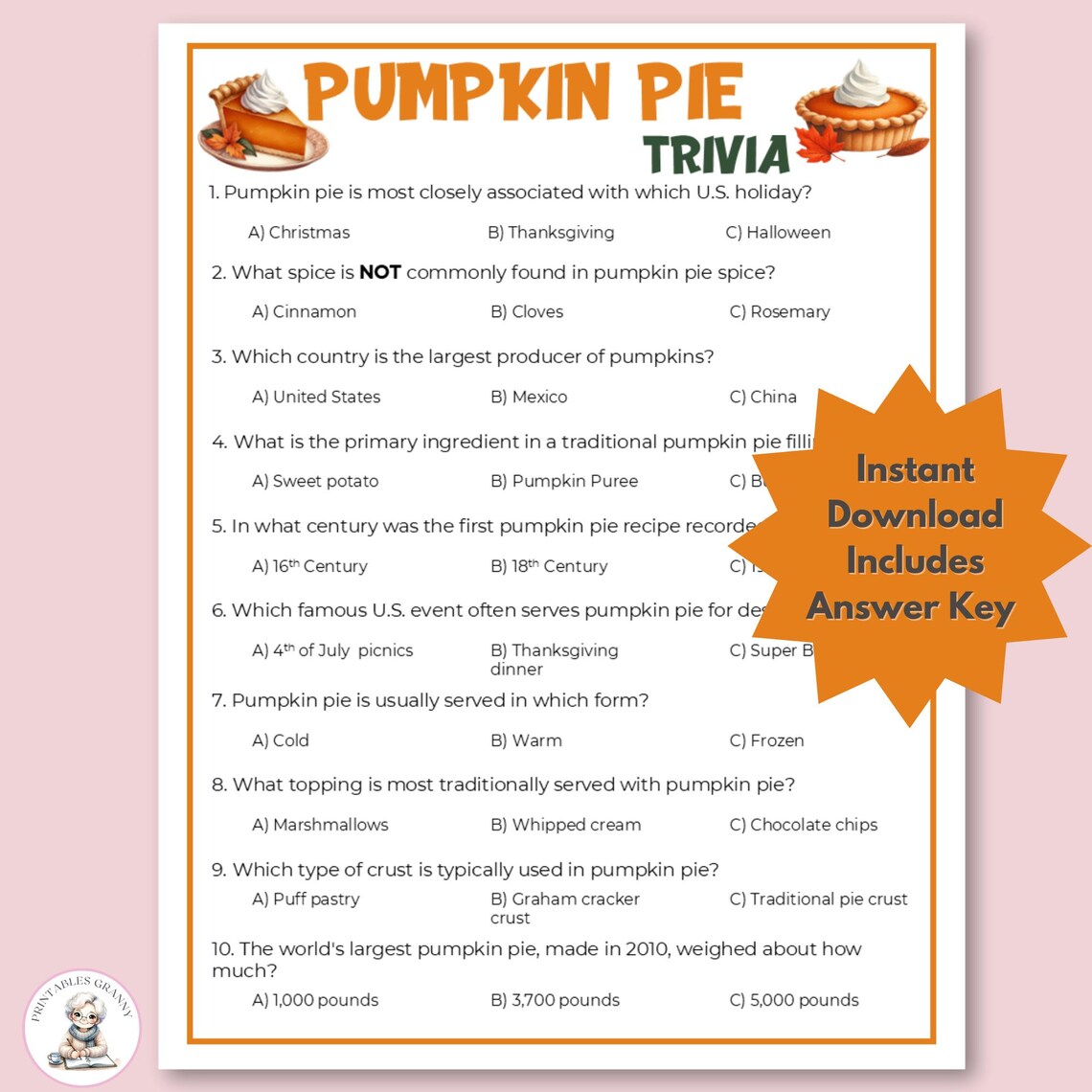 Pumpkin Pie Trivia Game, Fall Trivia Quiz, Pumpkin Pie Theme Trivia ...