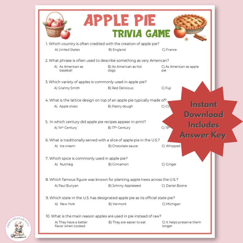 Apple Pie Trivia Game, Baby Shower Trivia, Apple Theme Trivia Printable ...