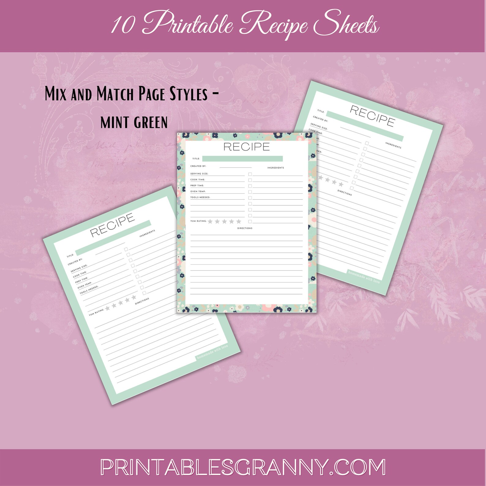 10 Printable Recipe Cards Sheets Page PDF Template | Etsy