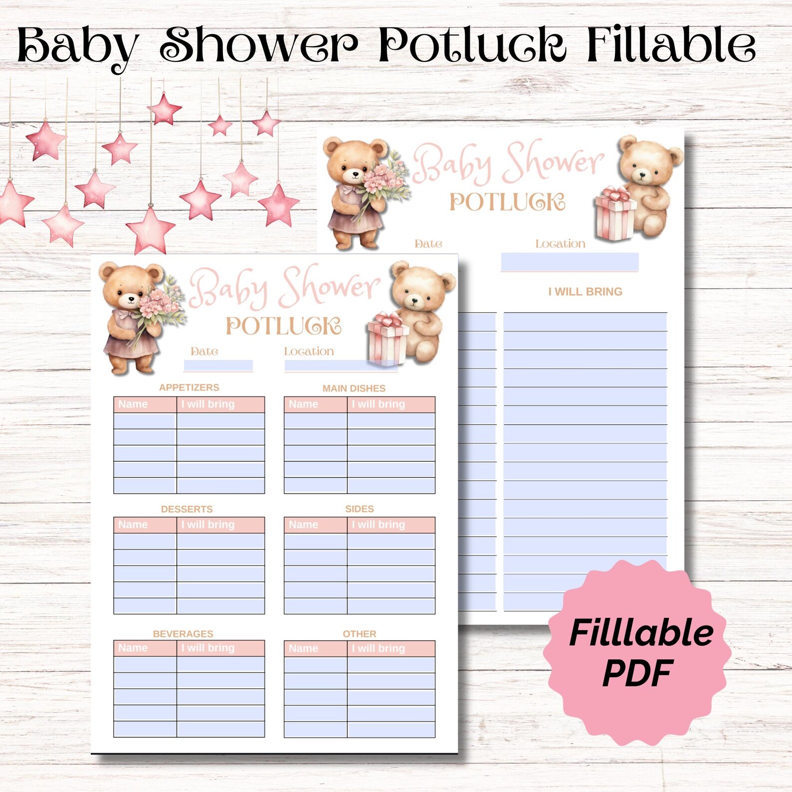 Pink Girl Baby Shower Potluck Sign up Sheet - Fillable PDF, Printable ...