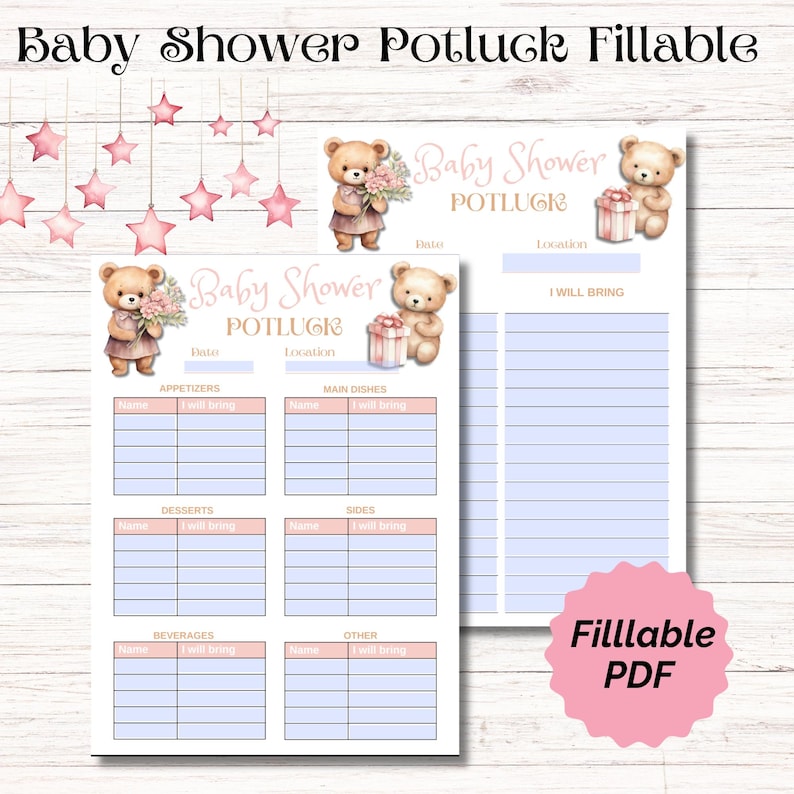 Pink Girl Baby Shower Potluck Sign up Sheet - Fillable PDF, Printable ...