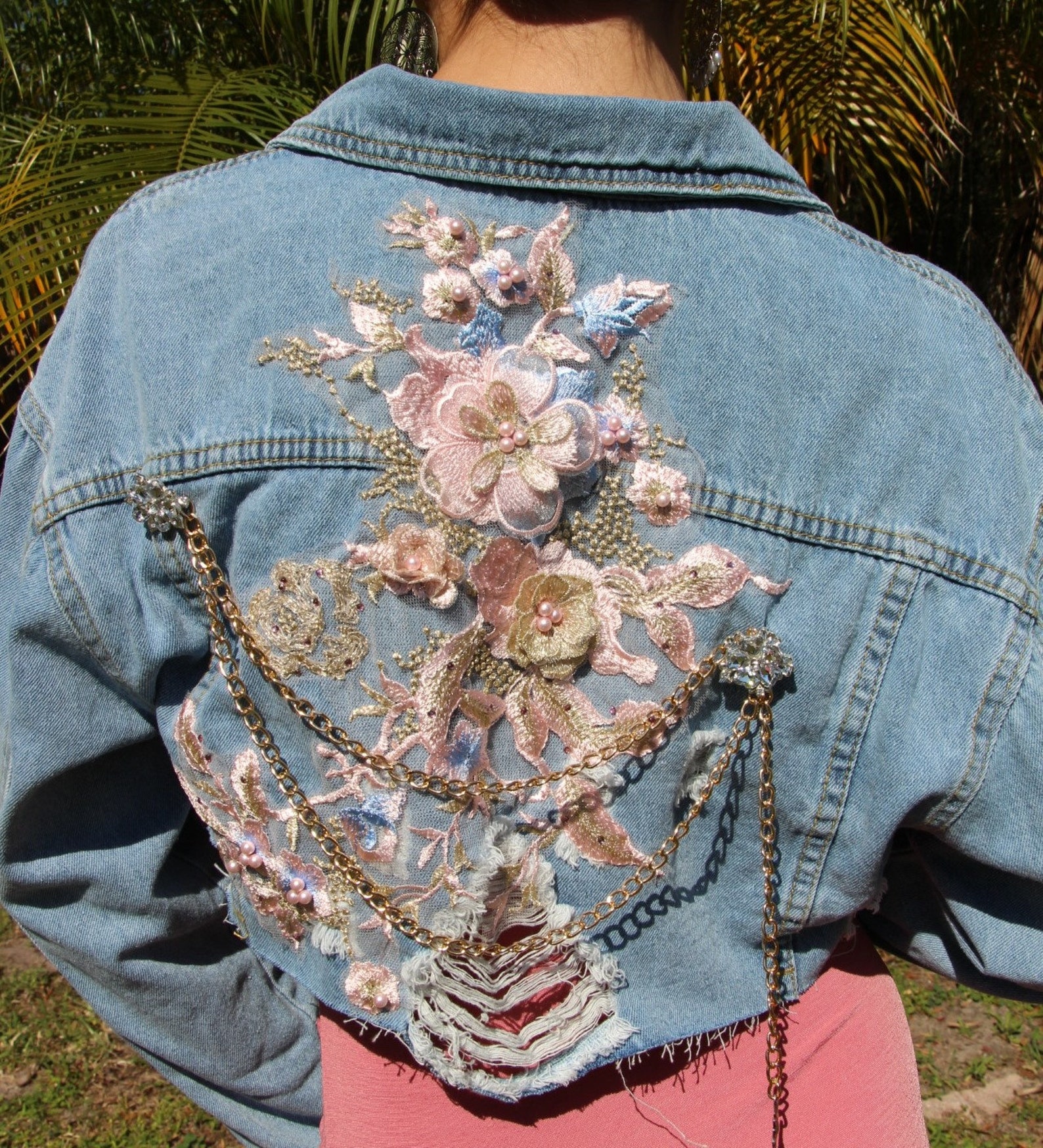 Pink Punk Crop Denim Jacket Embellished Chains Lace Rhinestones Jewels ...