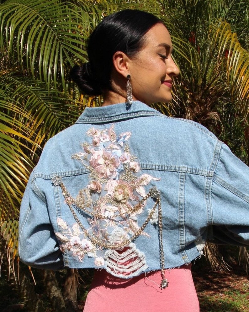 Pink Punk Crop Denim Jacket Embellished Chains Lace Rhinestones Jewels ...