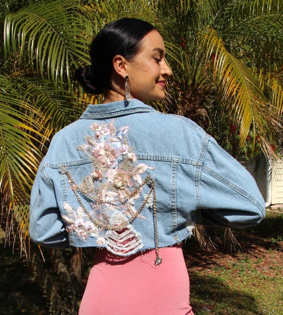 Pink Punk Crop Denim Jacket Embellished Chains Lace Rhinestones Jewels ...