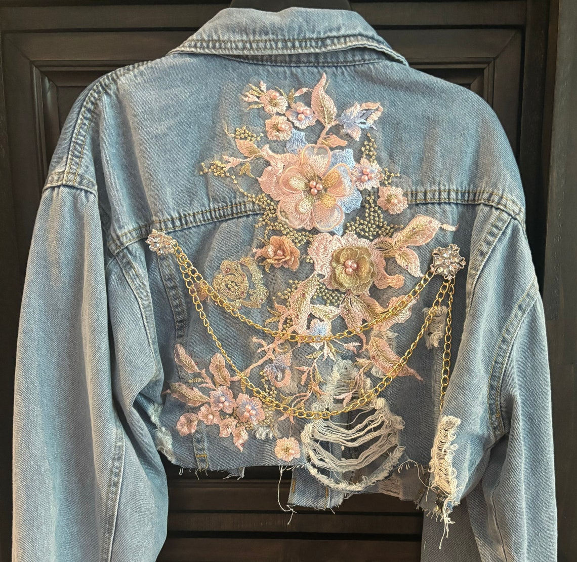 Pink Punk Crop Denim Jacket Embellished Chains Lace Rhinestones Jewels ...
