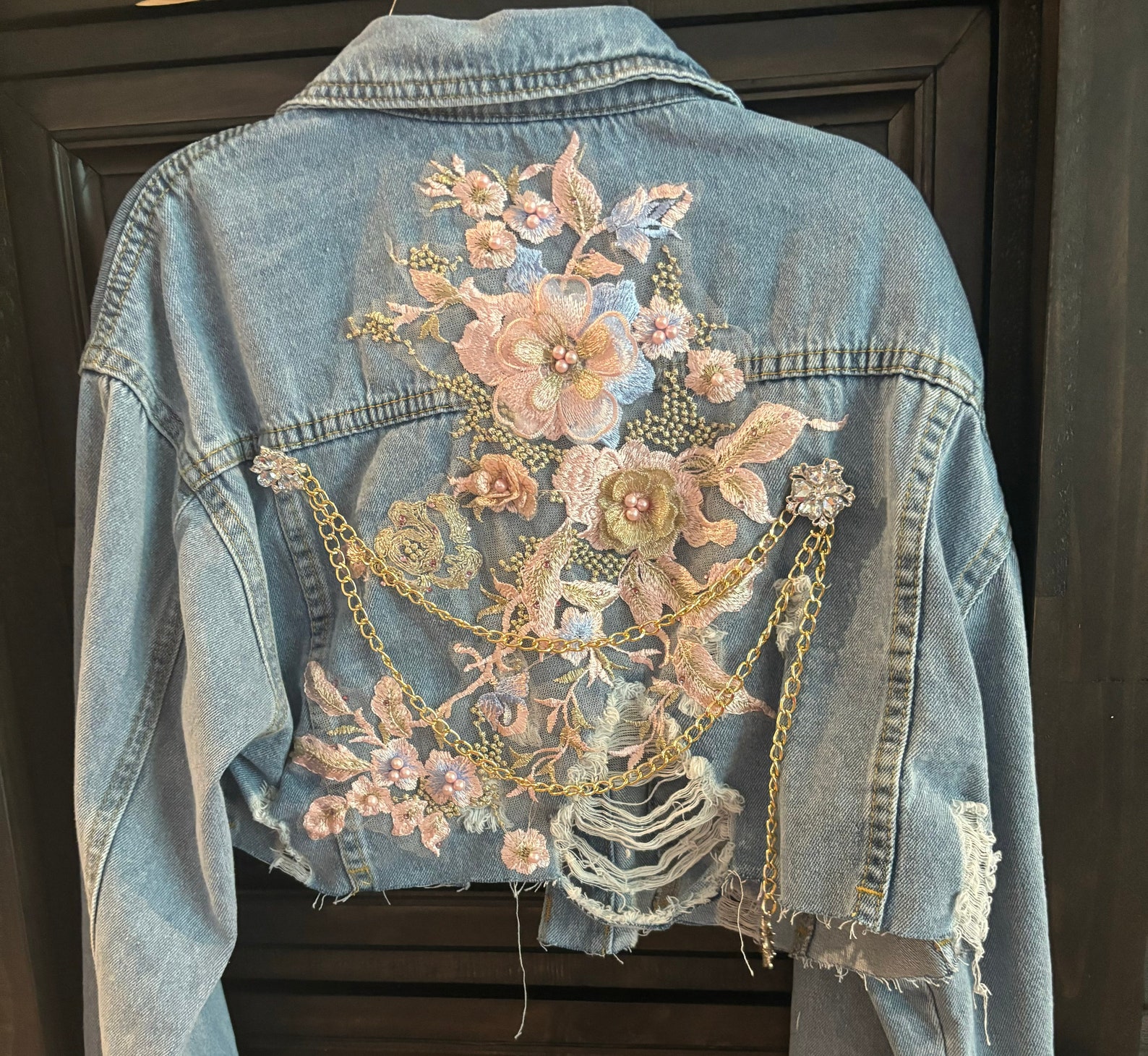 Pink Punk Crop Denim Jacket Embellished Chains Lace Rhinestones Jewels ...