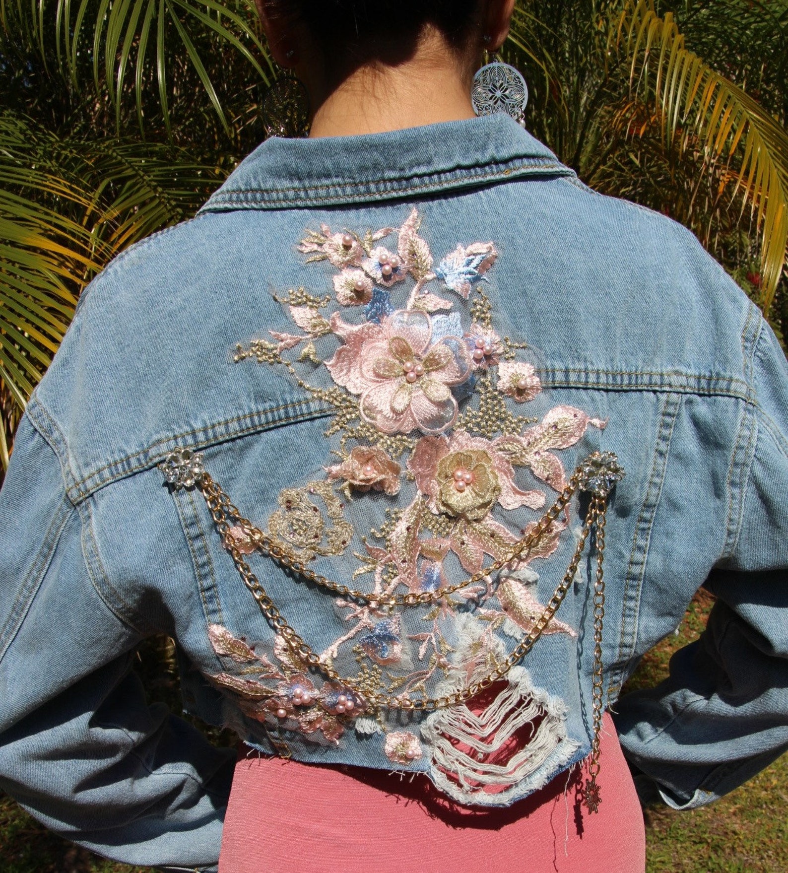 Pink Punk Crop Denim Jacket Embellished Chains Lace Rhinestones Jewels ...