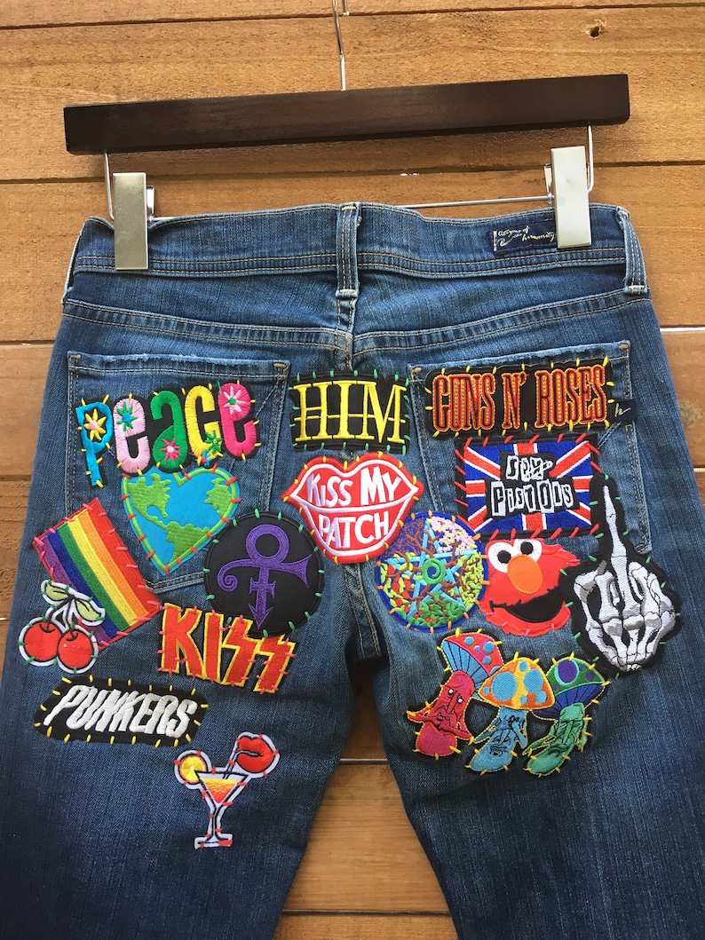 Boho Hippie Bell Bottom Jeans Festival Patched Denim Reworked Jeans ...