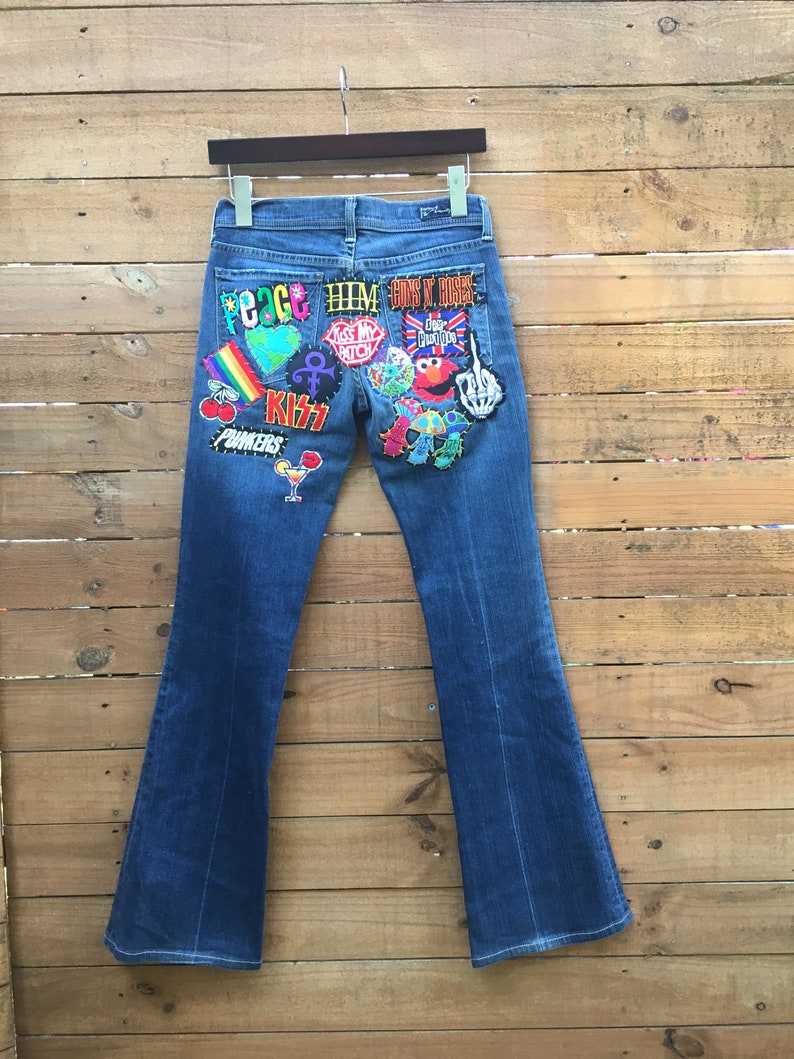 Boho Hippie Bell Bottom Jeans Festival Patched Denim Reworked Jeans ...