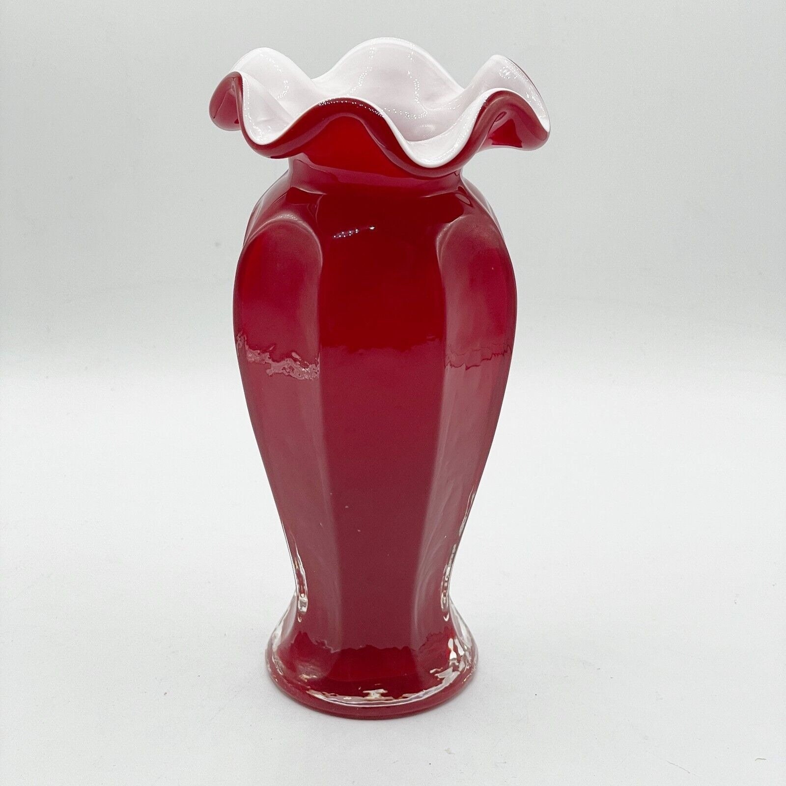 Vintage Ruby Red Cased Hand Blown Art Glass Ruffled Rim Paneled White ...