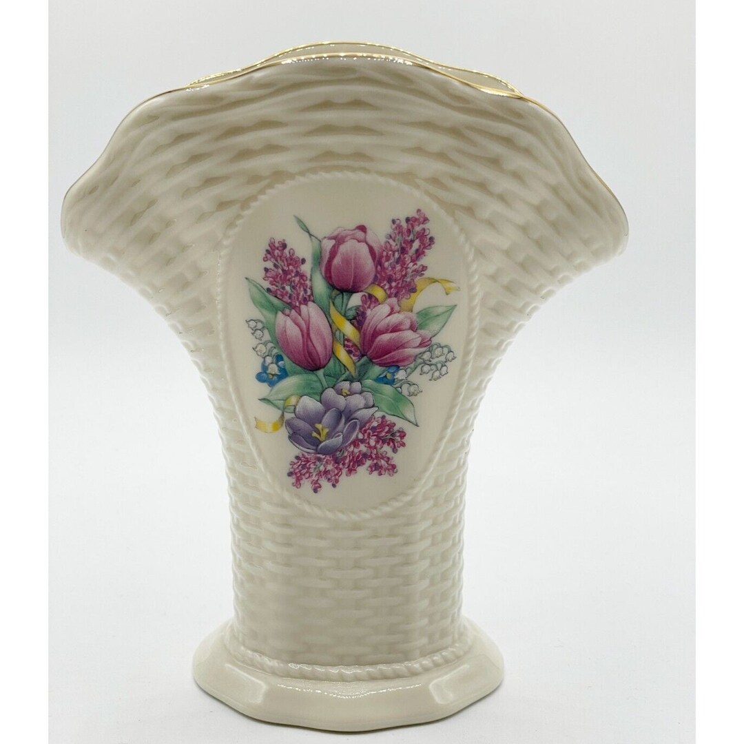 Lenox Lilacs Tulips Spring Flowers Basketweave Creamware Flower Vase ...